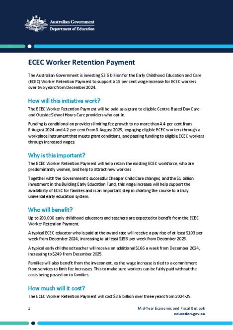 Fact Sheet - Worker retention payment - Department of Education, Australian Government
